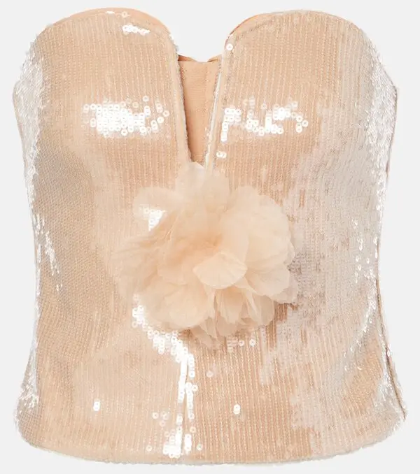 SELF-PORTRAIT Floral-applique Sequined Bustier Top - Beige