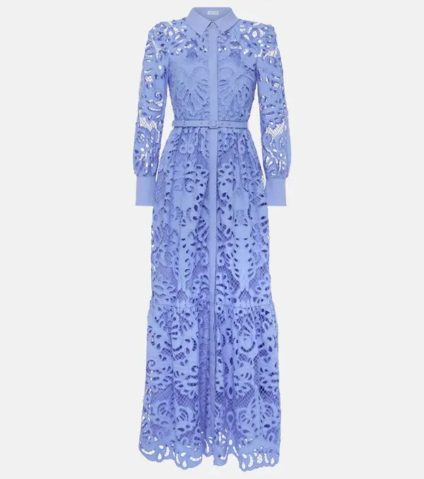 SELF-PORTRAIT Belted Cotton Lace Maxi Dress