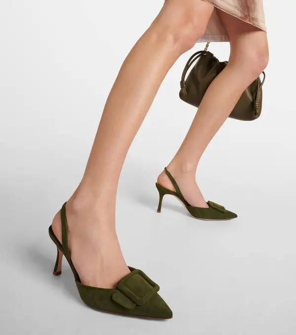Manolo Blahnik Maysli Suede Slingback Pumps - Green