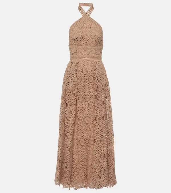Elie Saab Macrame Halterneck Cotton-blend Midi Dress - Beige