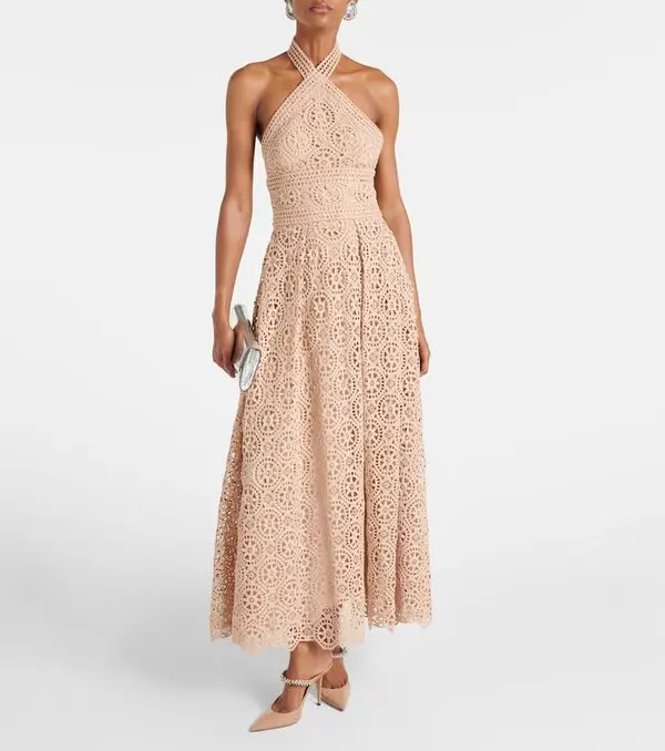 Elie Saab Macrame Halterneck Cotton-blend Midi Dress