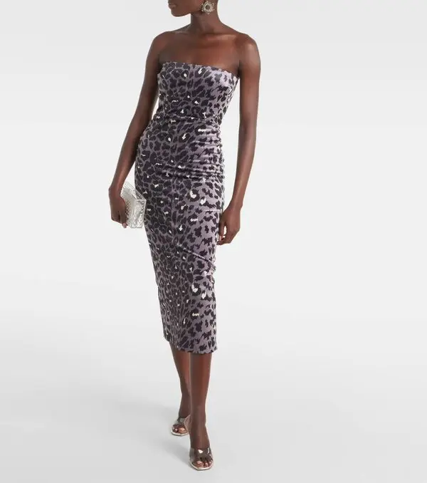 Alex Perry Leopard-print Strapless Velvet Midi Dress