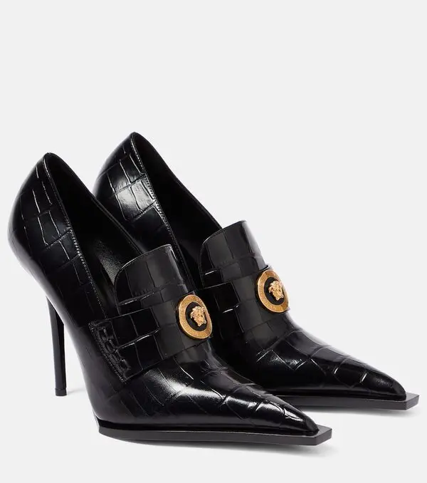 Versace Croc-effect Patent Leather Pointed Toe Pumps