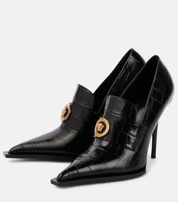 Versace Croc-effect Patent Leather Pointed Toe Pumps