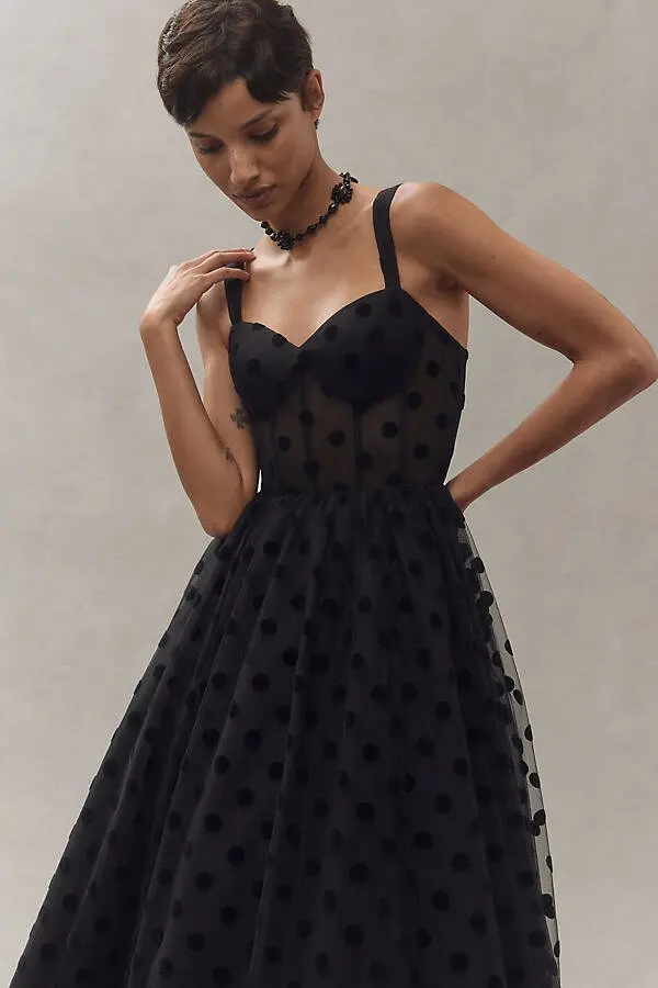 mac duggal polka dot tulle sweetheart bustier a-line midi dress Black Polka Dot Tulle A-Line Midi Dress