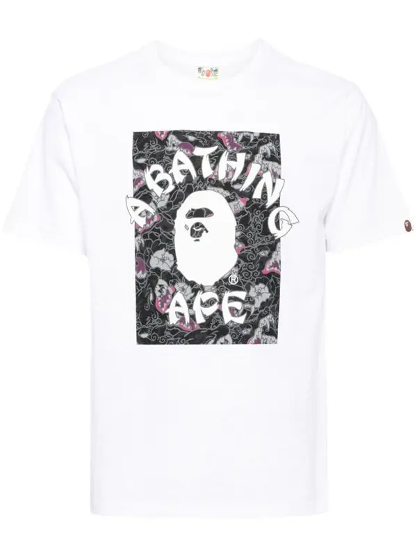 A BATHING APE Japanese Tattoo Camo On College Tee - White