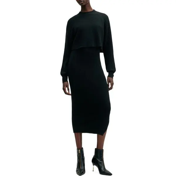 Allsaints Margot Rib Wool Blend Crop Sweater & Midi Sweater Dress Set -  Black | Editorialist