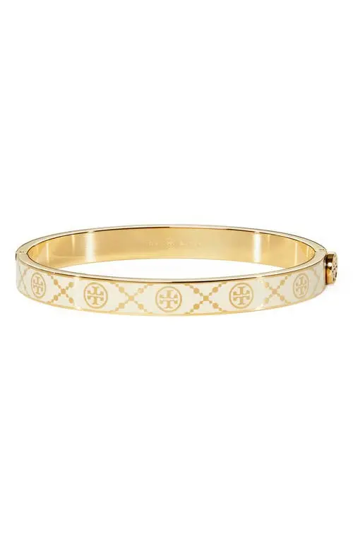 Tory Burch Icon T Monogram Hinge Bangle Bracelet - Tory Gold/new Ivory