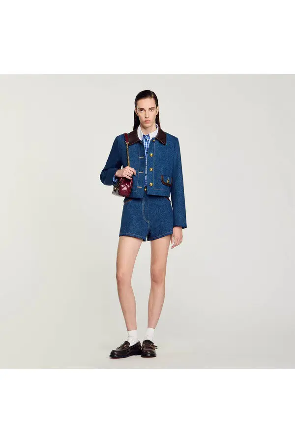 Sandro Denim Jacket With Leather Collar