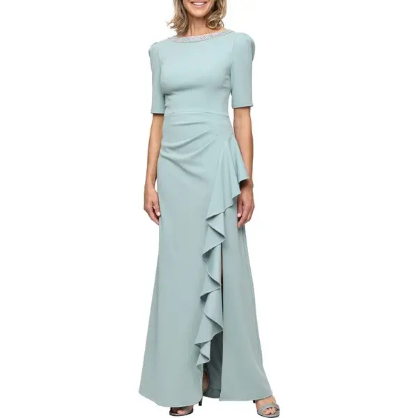 Alex Evenings Embellished Neck Ruffle Gown - Ice Sage