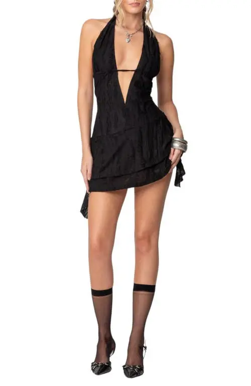 EDIKTED Shredded Open Back Plunge Minidress - Black