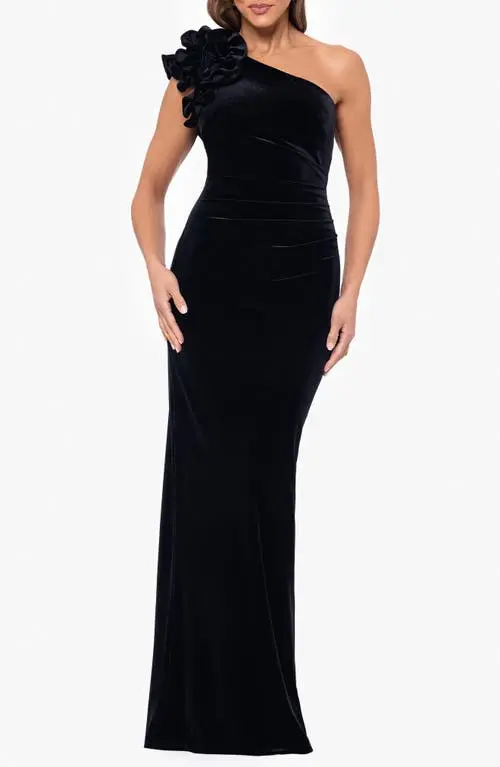 XSCAPE EVENINGS One-shoulder Ruffle Stretch Velvet Gown - Black
