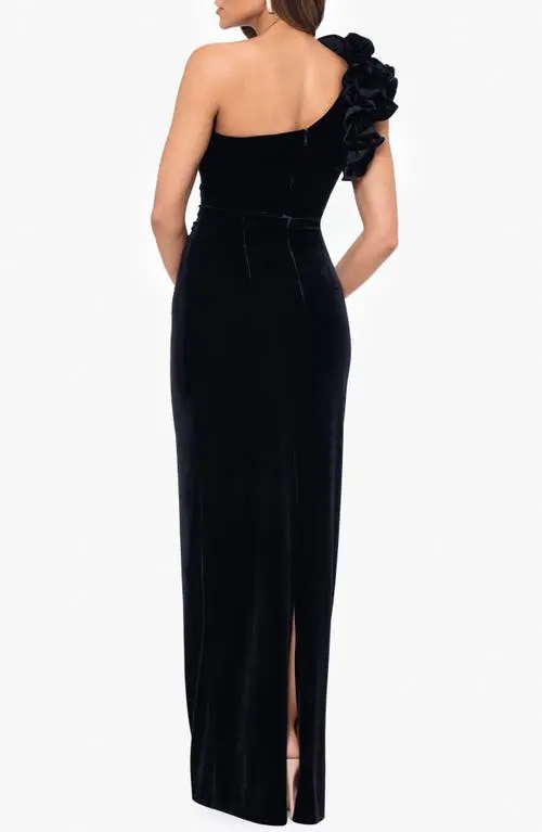 XSCAPE EVENINGS One-shoulder Ruffle Velvet Gown