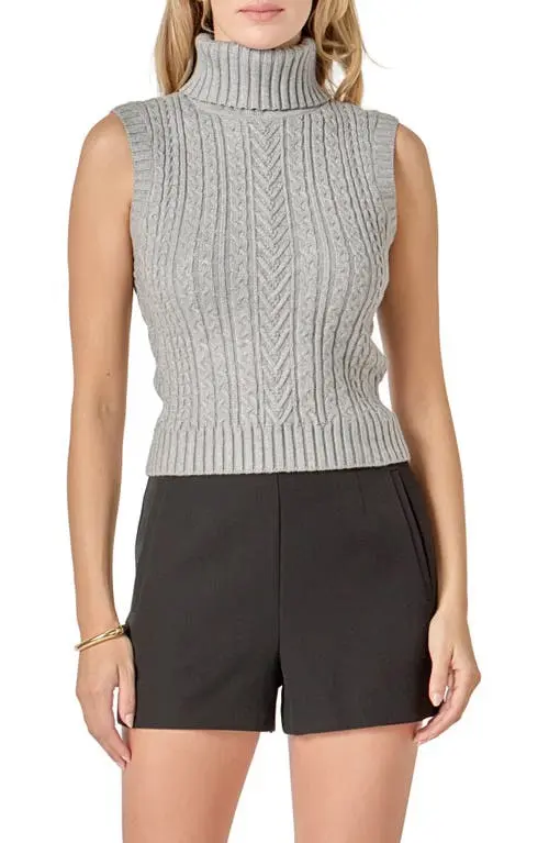English Factory Cable Stitch Sleeveless Turtleneck Sweater - Grey