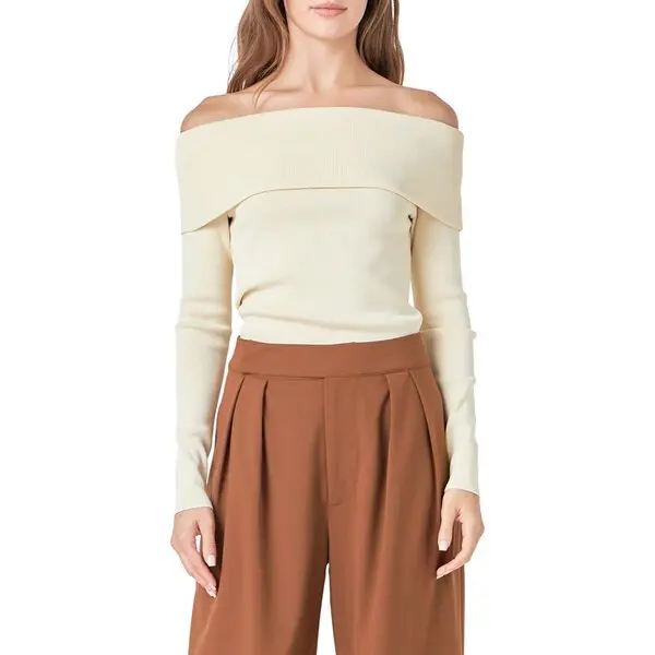 Endless Rose Folded Off-the-shoulder Rib Top - Beige