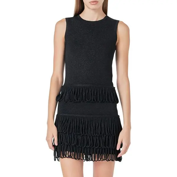 Endless Rose Metallic Knit Fringe Tank - Black