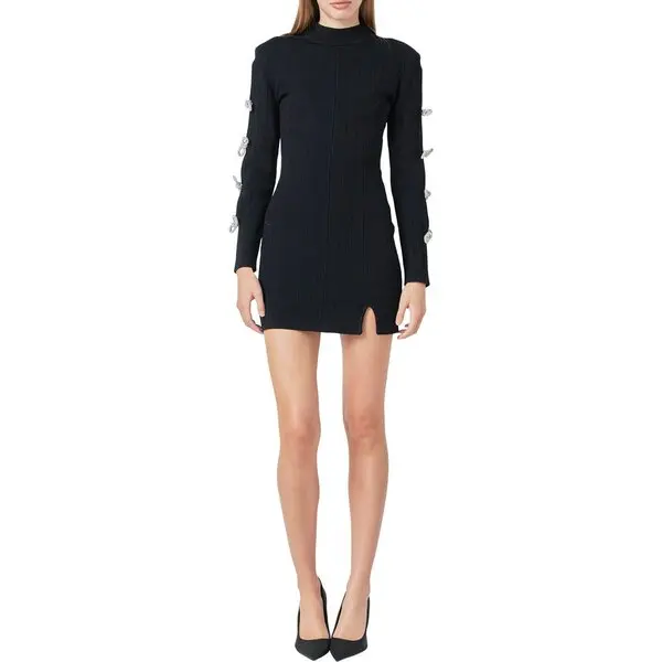 Endless Rose Rhinestone Bow Long Sleeve Sweater Minidress