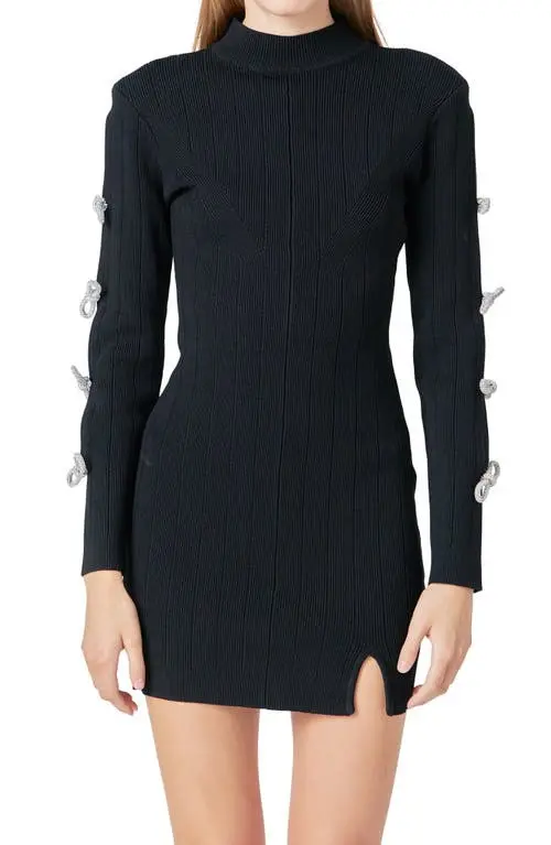 Endless Rose Rhinestone Bow Long Sleeve Sweater Minidress