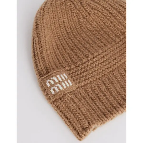 Miu Miu Brand-Patch Ribbed Wool-Blend Beanie Hat - Cammello  display picture 1