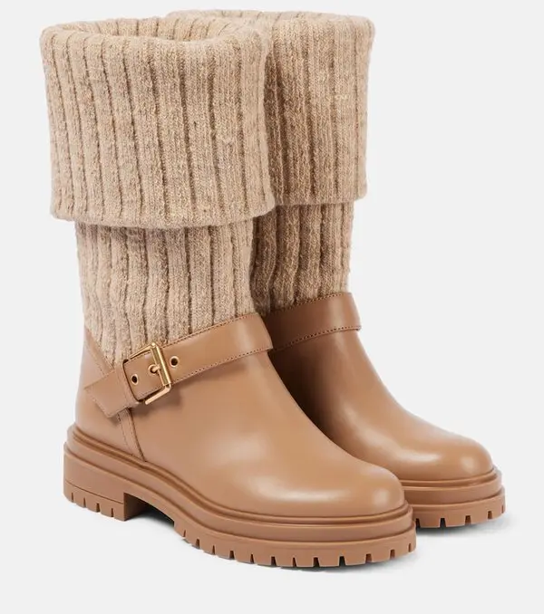GIANVITO ROSSI Thurso Leather-trimmed Sock Boots - Beige