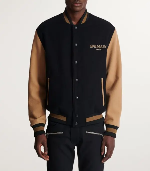 Balmain Wool-Cashmere Varsity Jacket - Black | Editorialist