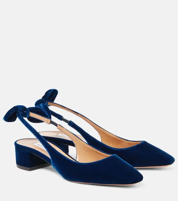 AQUAZZURA Very Bow Tie 35 Velvet Slingback Pumps - Blue
