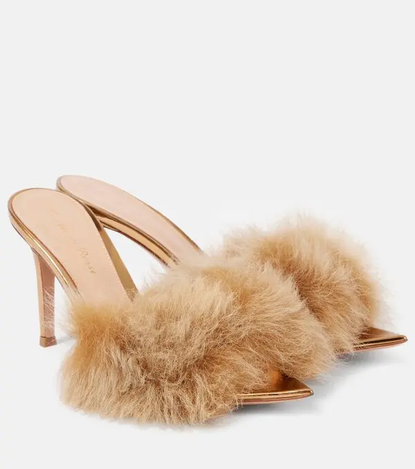 GIANVITO ROSSI Shearling-trimmed Leather Mules - Beige