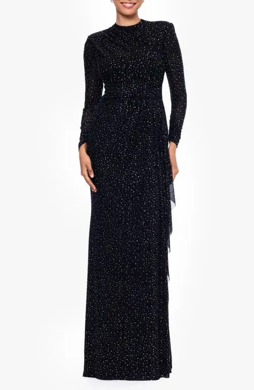 Betsy & Adam Rhinestone Long Sleeve Stretch Gown