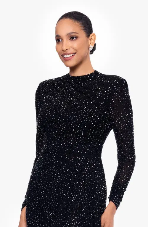 Betsy & Adam Rhinestone Long Sleeve Stretch Gown