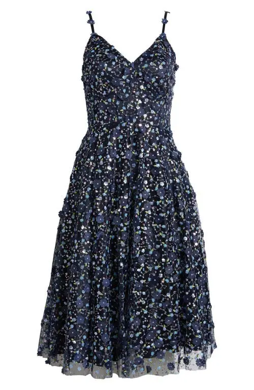 Eliza J 3d Floral V-Neck Fit & Flare Dress In Navy - 60% Off | Editorialist
