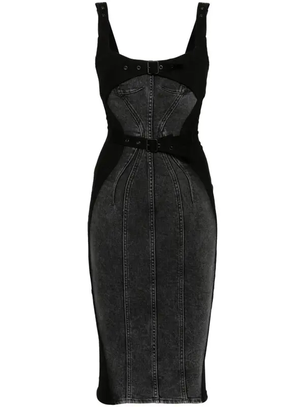 MUGLER Panelled Denim Midi Dress - Black