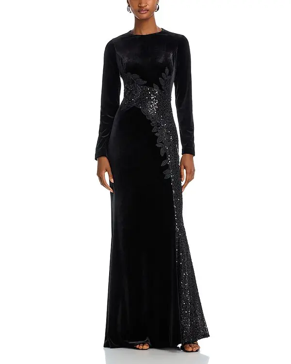 Rickie Freeman For Teri Jon Sequined Inset Velvet Gown - Black