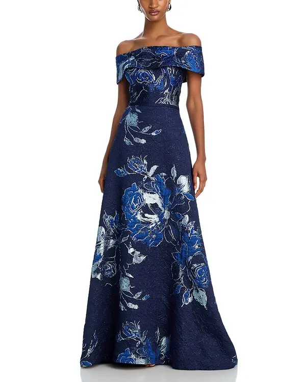 Rickie Freeman For Teri Jon Off-the-shoulder Floral Jacquard Gown - Navy Multi
