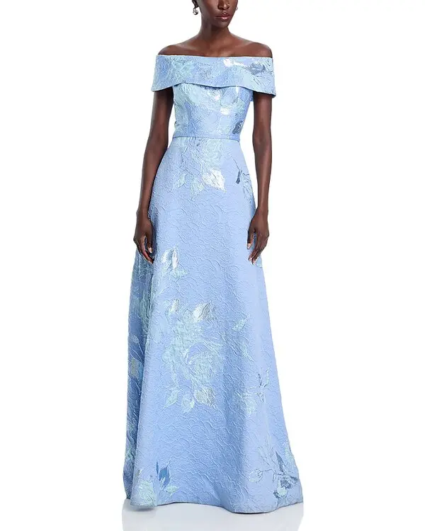 Rickie Freeman For Teri Jon Off-the-shoulder Floral Jacquard Gown - Peri Multi