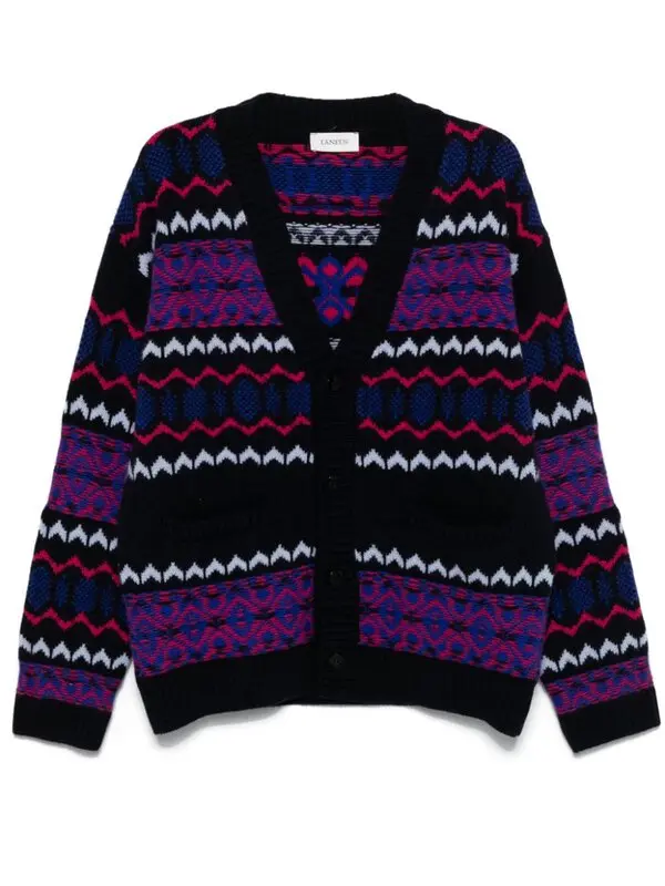 LANEUS Intarsia Knit Cardigan - Blue