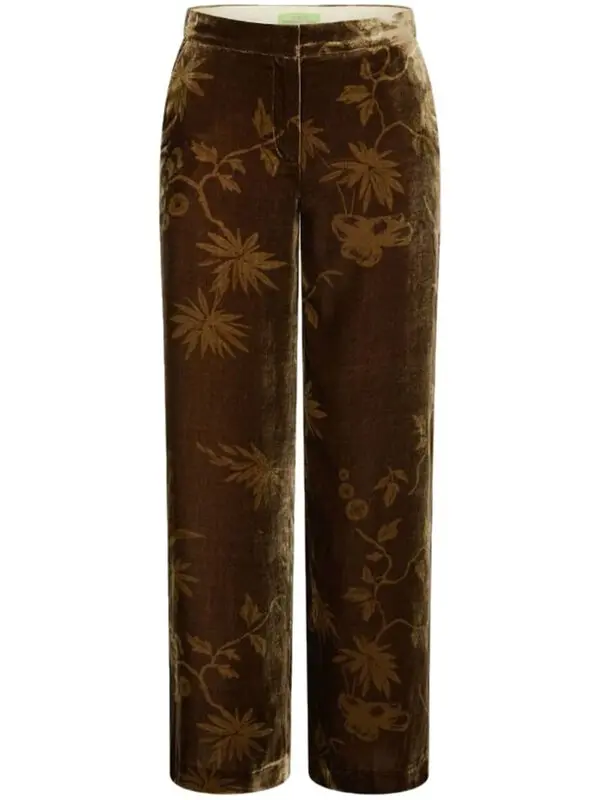 Shanghai Tang Velvet Finish Flared Trousers With Floral Print