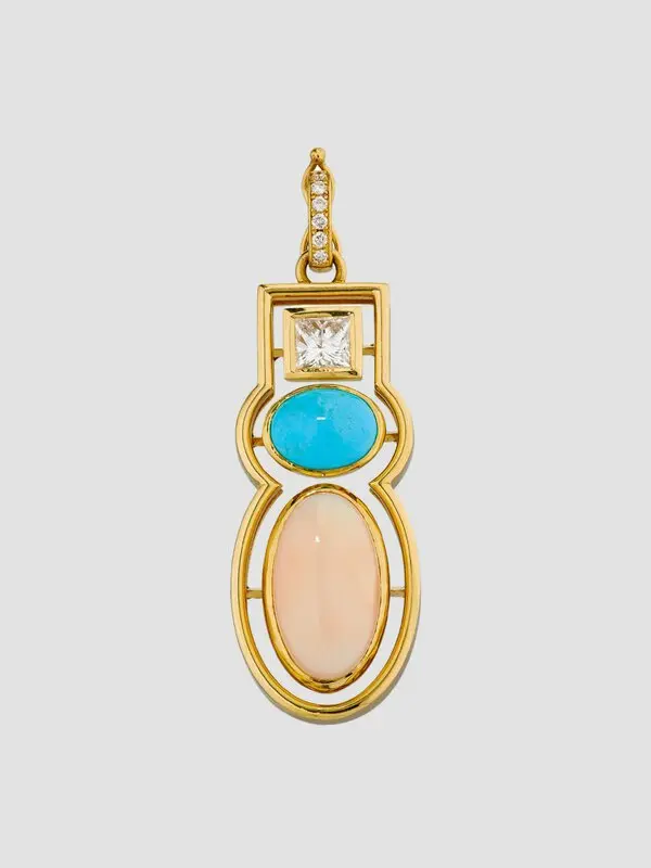 JENNA BLAKE Morse Code 18k Yellow Turquoise, Coral & Tcw Diamond Charm