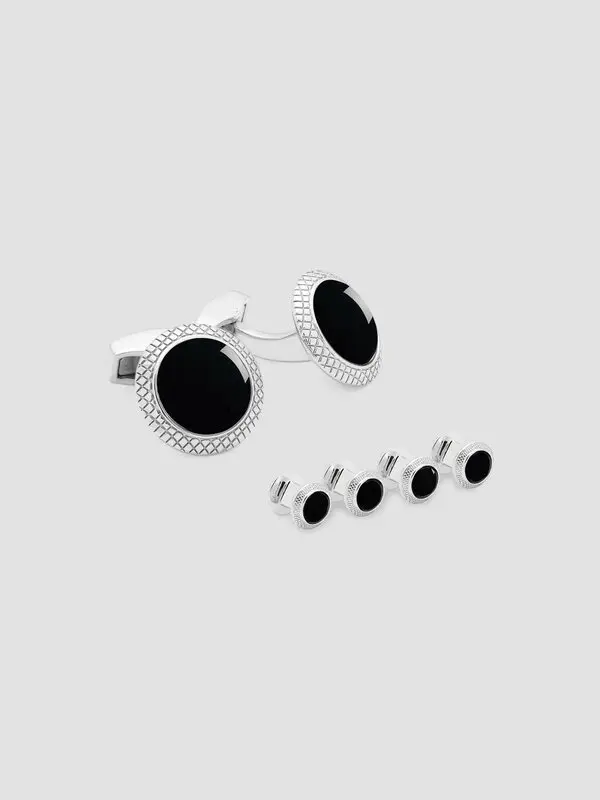 Tateossian Bullseye 6-piece Onyx & Rhodium Stud & Cufflink Set - Black