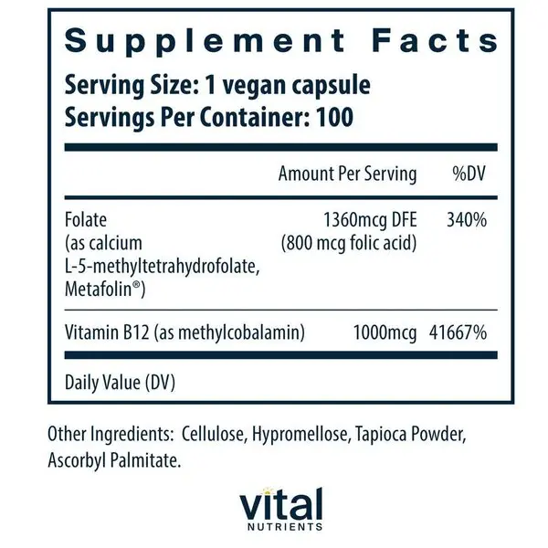 VITAL NUTRIENTS B-12/methyl Folate 1000mcg/800mcg 100 Capsules