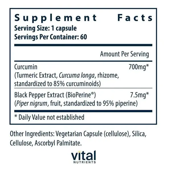 VITAL NUTRIENTS Curcumin Extract With Bioperine 700mg 60 Capsules