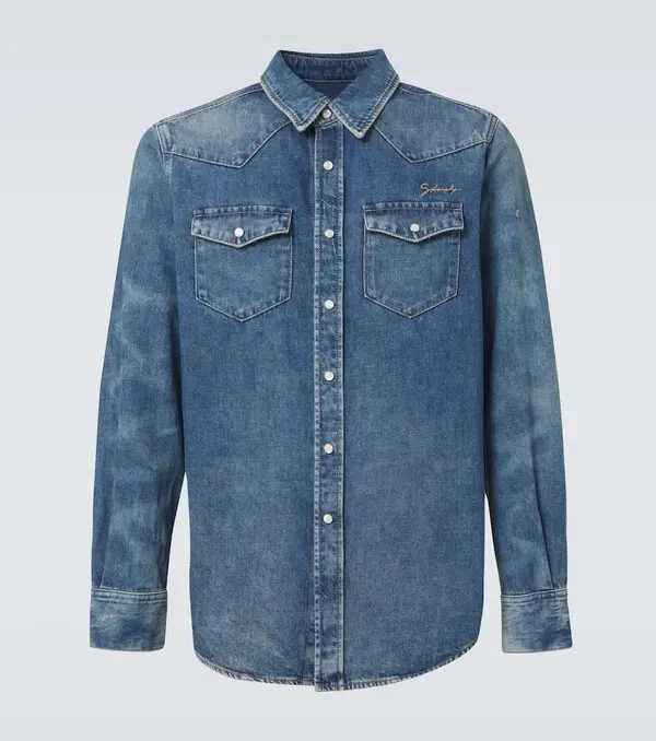 Givenchy Logo Embroidered Denim Shirt - Blue