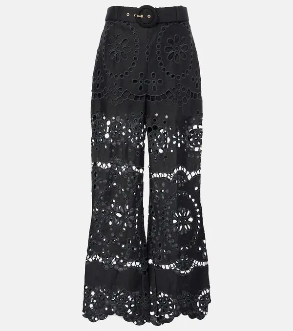 Zimmermann Pop Embroidered Linen Wide-leg Pants - Black