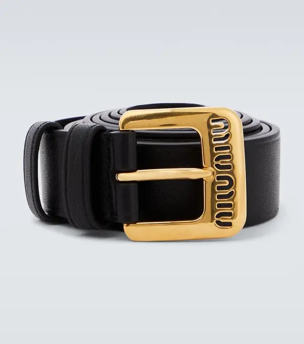 Miu Miu Leather Belt With Gold Tone Buckle - Black