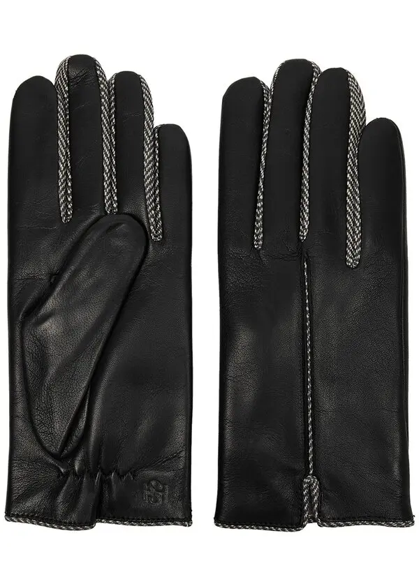 HANDSOME STOCKHOLM Herringbone-trimmed Leather Gloves - Black