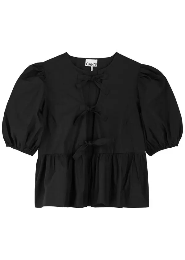 GANNI Tie-front Cotton-poplin Blouse