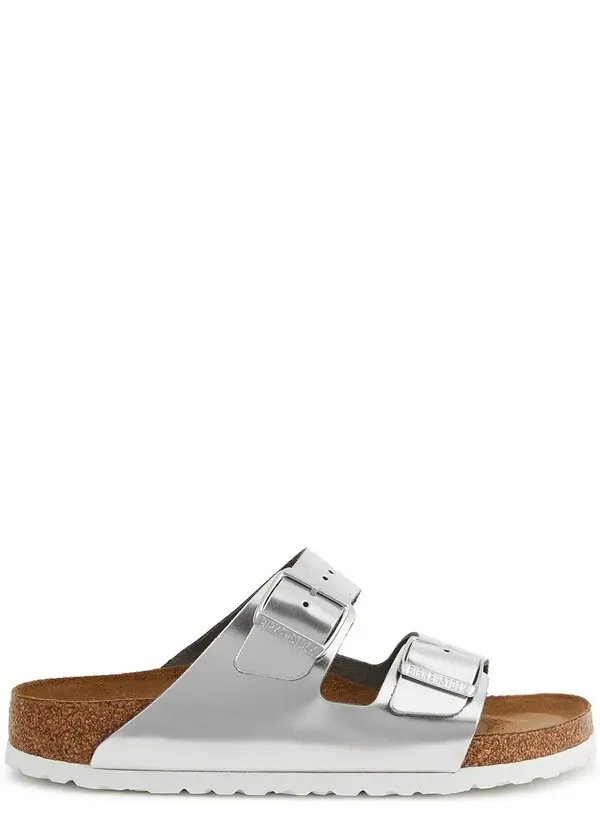 BIRKENSTOCK Arizona Metallic Leather Sliders - Silver