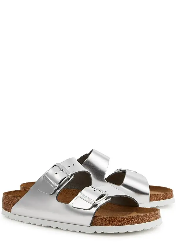 BIRKENSTOCK Arizona Metallic Leather Sliders - Silver