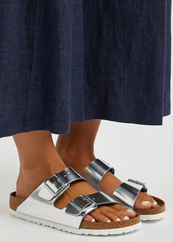 BIRKENSTOCK Arizona Metallic Leather Sliders - Silver