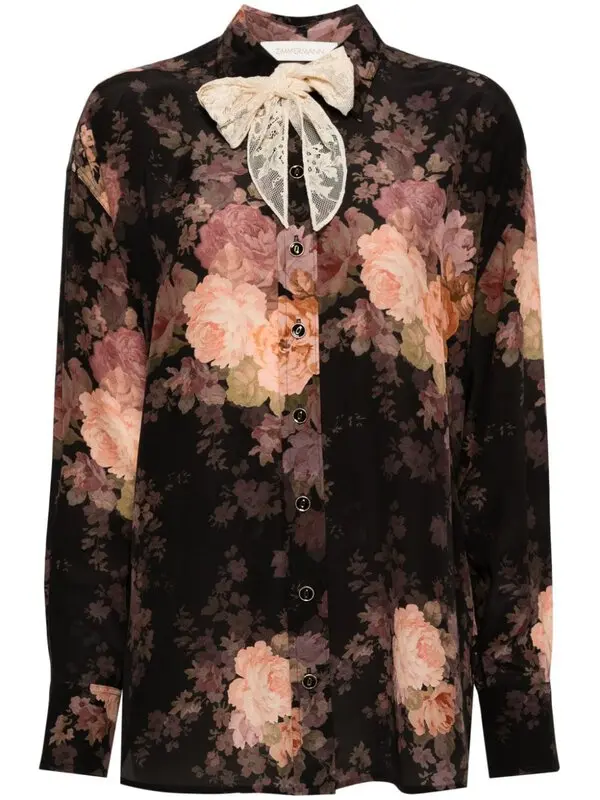 Zimmermann Floral Print Silk Shirt With Lace Scarf