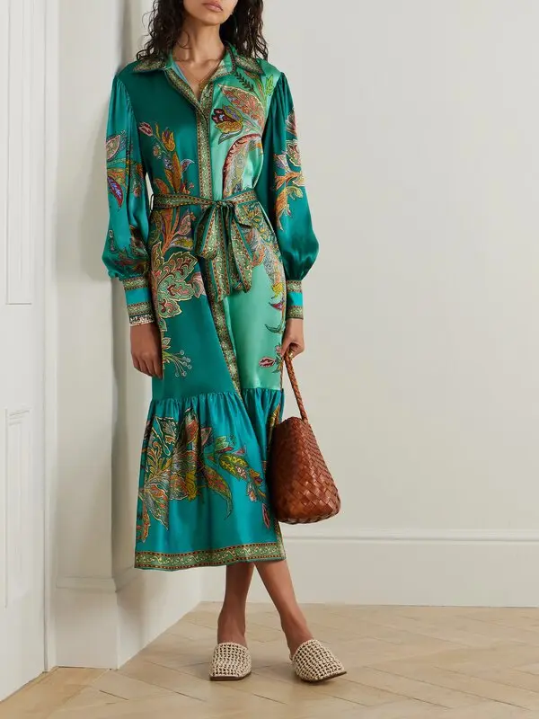 Alemais Franca Belted Tiered Printed Silk-Satin Maxi Shirt Dress In Blue -  50% Off | Editorialist